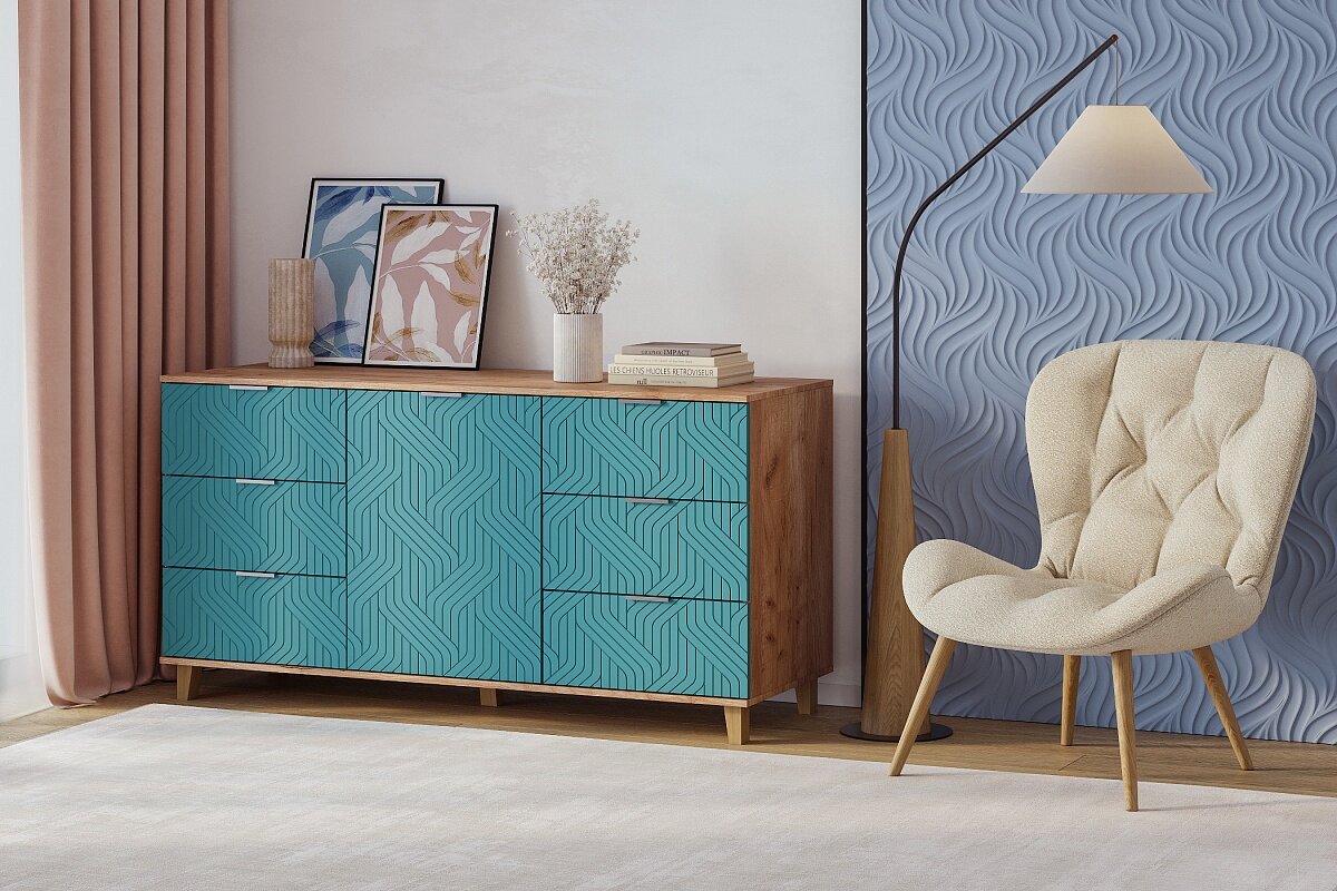 Комод МебельЛэнд24 Марвин 33 фрезеровка 3 Аквамарин 150x40x70 синий однодверный с 6 ящиками