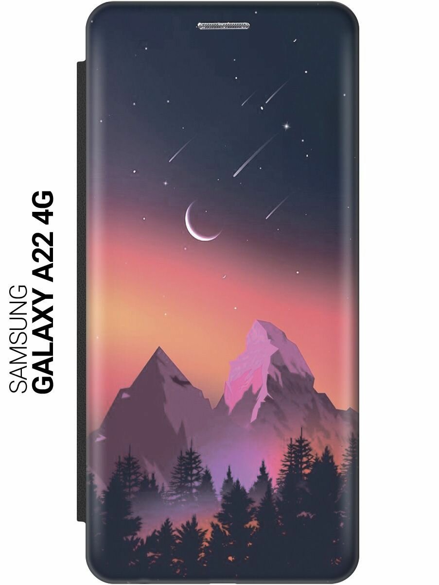 Чехол-книжка на Samsung Galaxy A22, M32, M22, Самсунг А22, М32, М22 c принтом "Горы и звездопад" черный