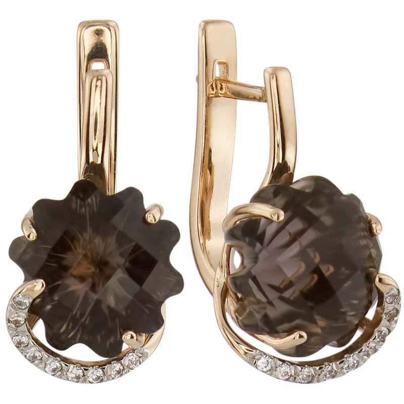 Серьги, красное золото, 585 проба, раухтопаз