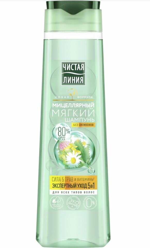 Чистая Линия Шампунь для волос мицеллярный мягкий Сила 5 трав для всех типов волос, 400мл