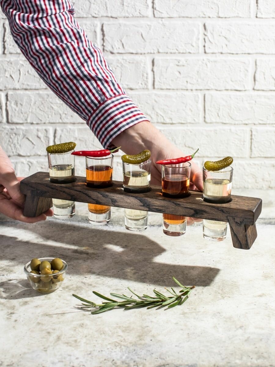 Шотница деревянная, подставка для шотов, доска деревянная для 5 рюмок