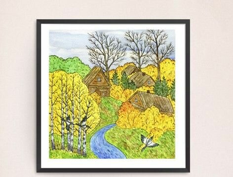 Картина для интерьера "Осень в деревне" Картина с осенним пейзажем акварелью