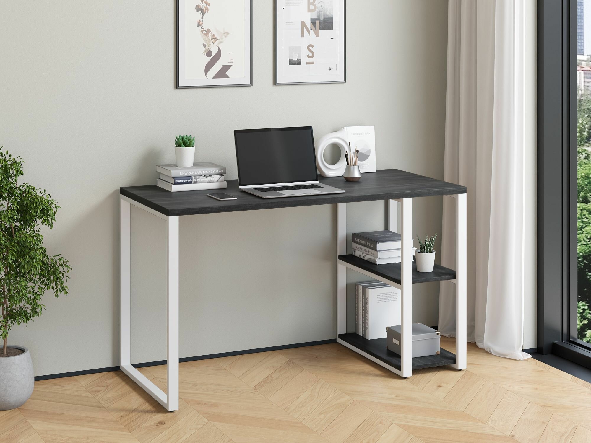 Стол учебный Айсберг Лофт 01 Белый с полками Северное дерево темное