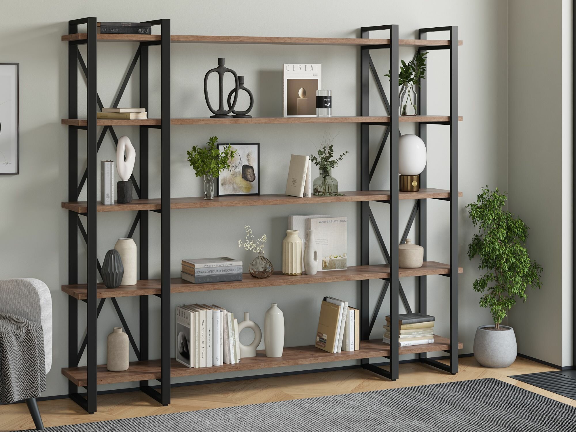 Стеллаж Айсберг Лофт 200х182-4 v3 с полками черный/дуб крафт табак