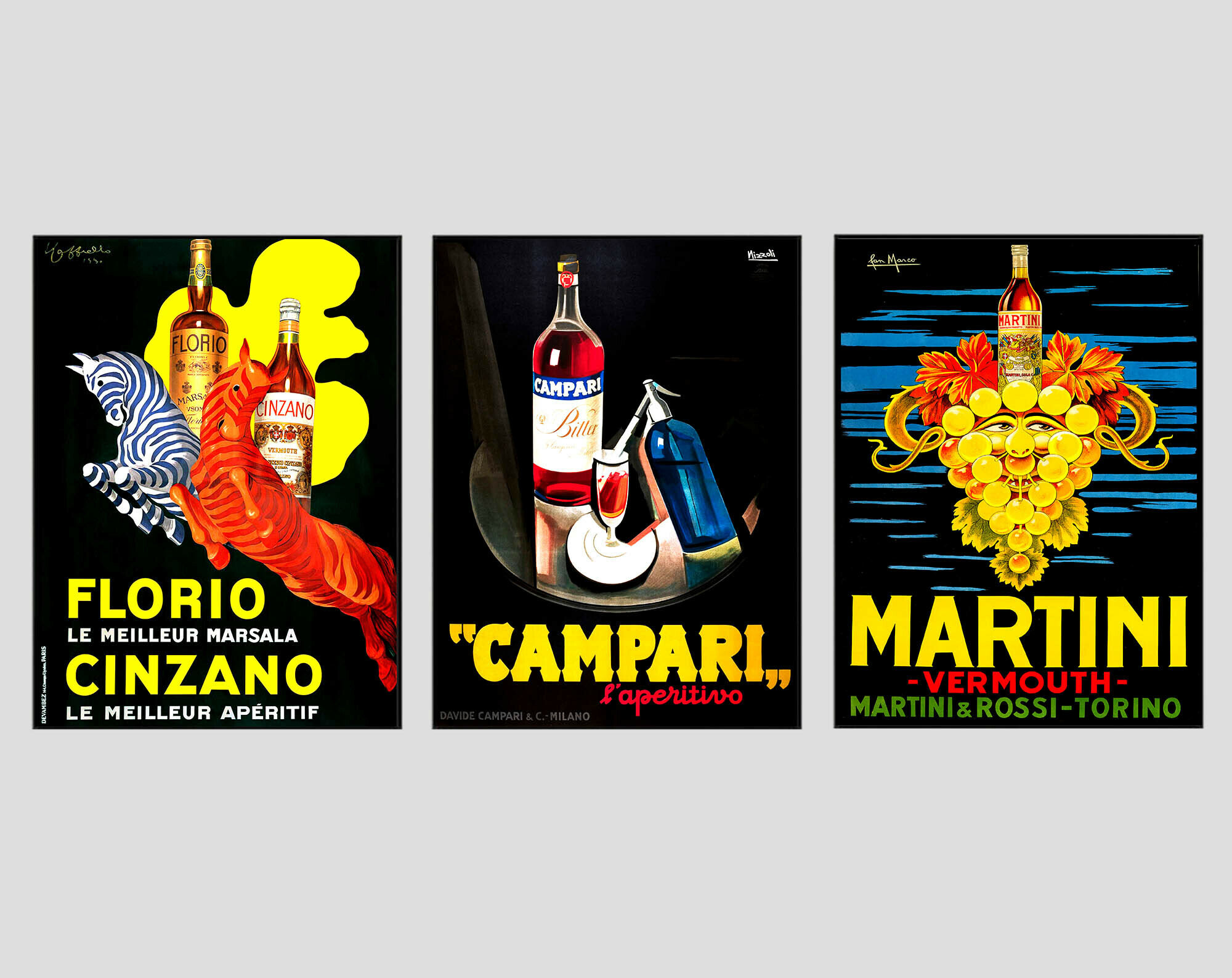 Набор ретро плакатов: Чинзано, Кампари, Мартини - Cinzano Campari Martini (3 шт, размер А3, без рамы)