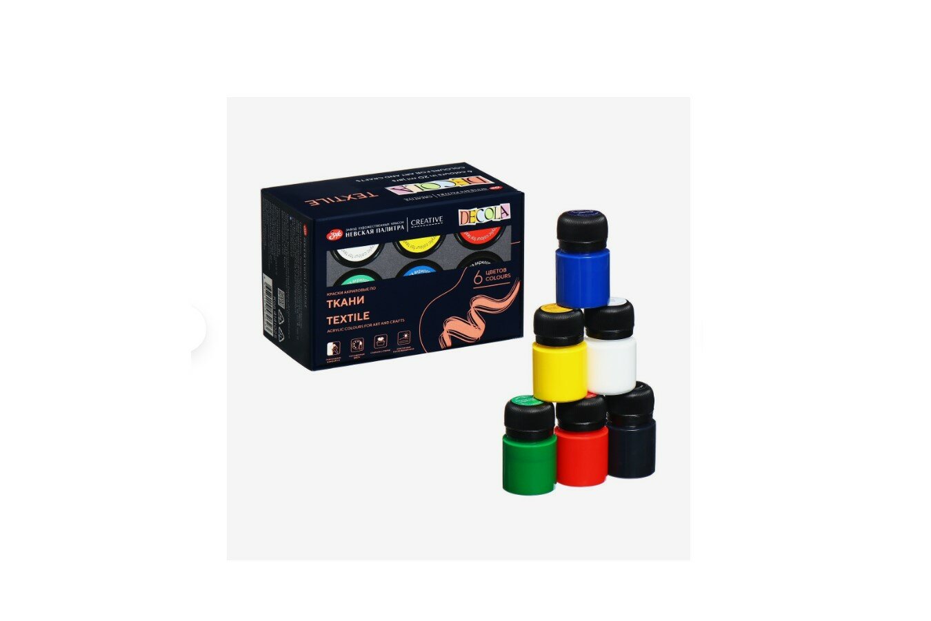Краски по ткани акриловые Невская палитра Декола, 6 цветов по 20 мл, в баночках