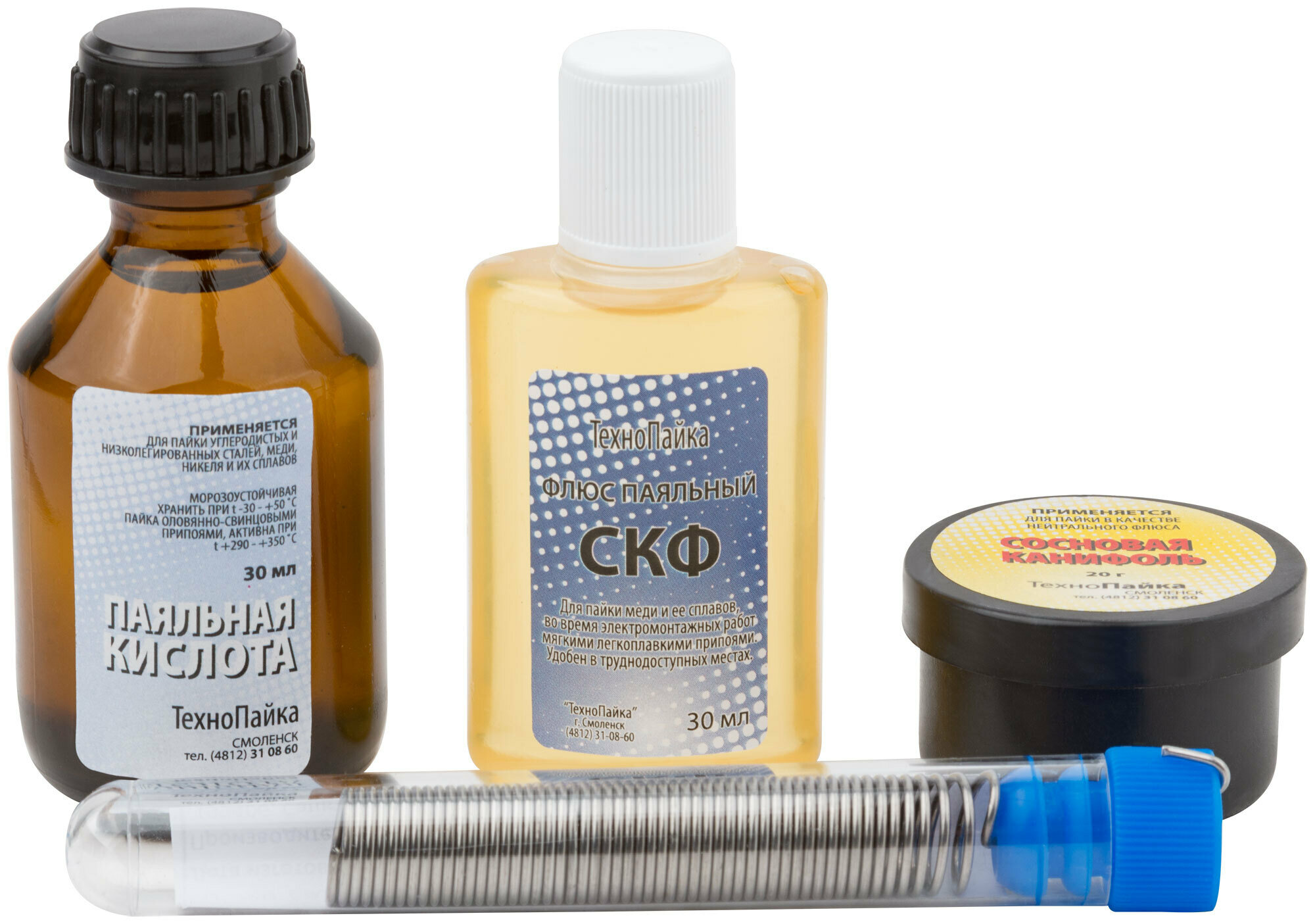 Набор для пайки курс РОС №2, припой ПОС-61, с канифолем, 10 г, канифоль. сосновая 20 г, кислота паяльная 30 мл, флюс СКФ 30 мл