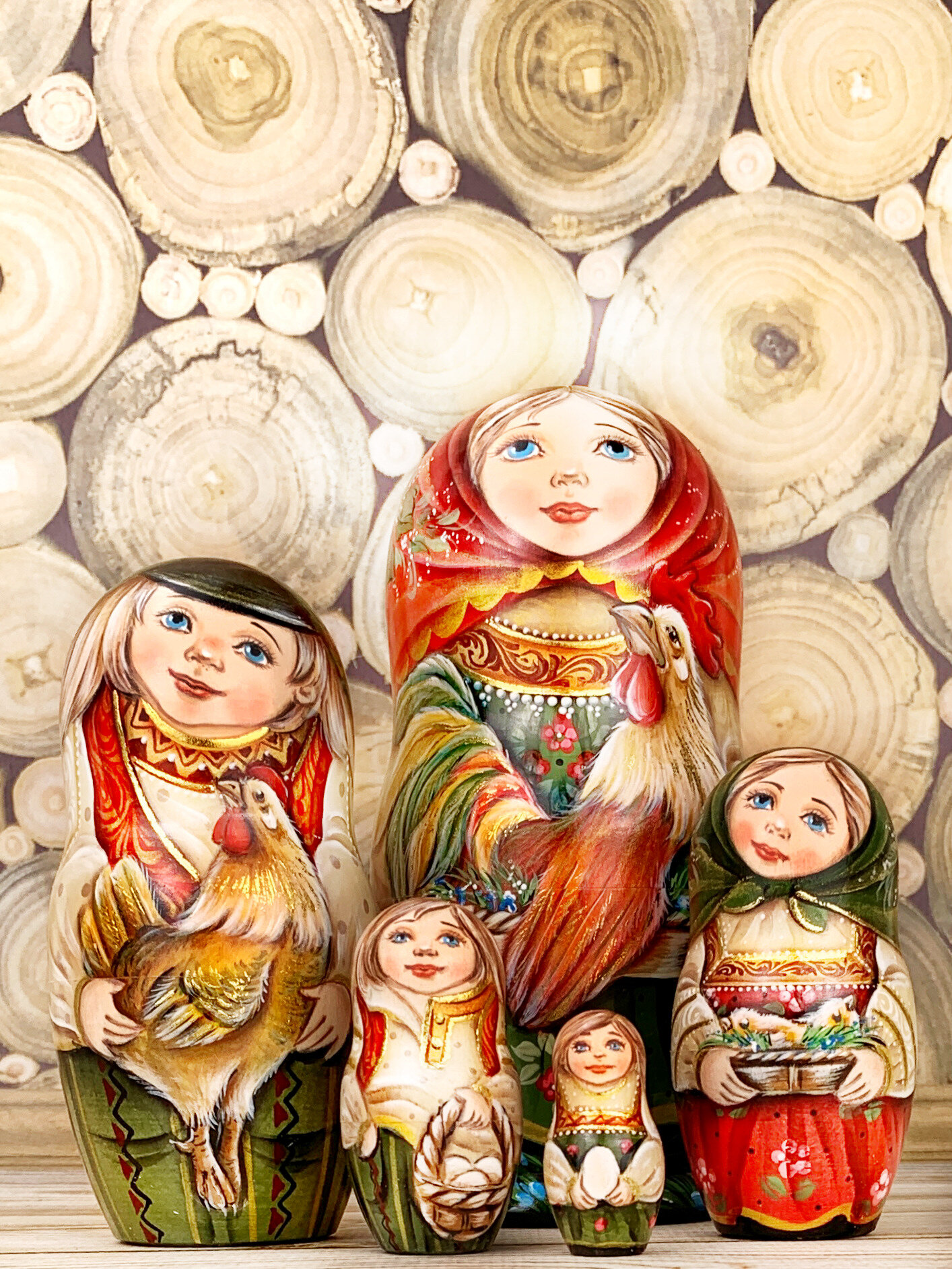 Матрешка деревянная детская развивающая игрушка с петухом 5 мест 16 см Орнамент
