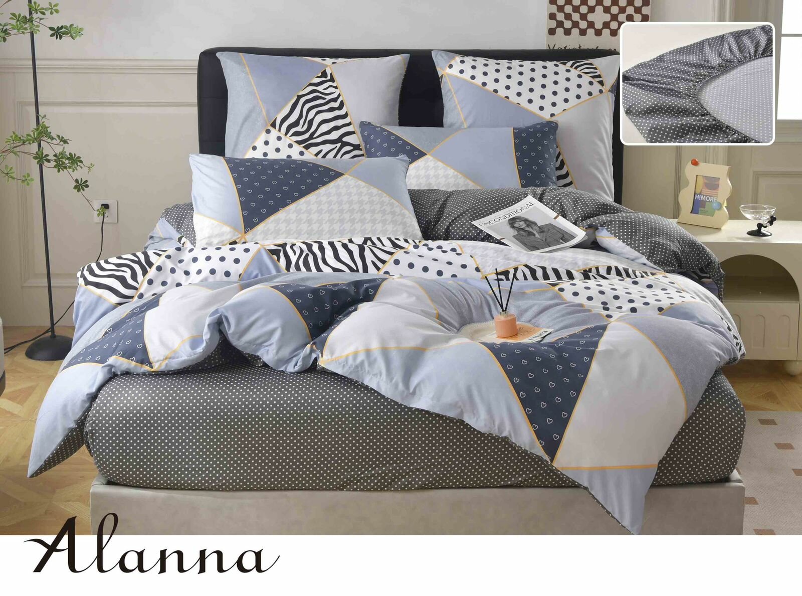 Комплект Постельного Белья Аланна Голубые Треугольники / Евро / простыня 180x200 / пододеяльник 200x220 / Наволочки 50x70-2, 70x70-2