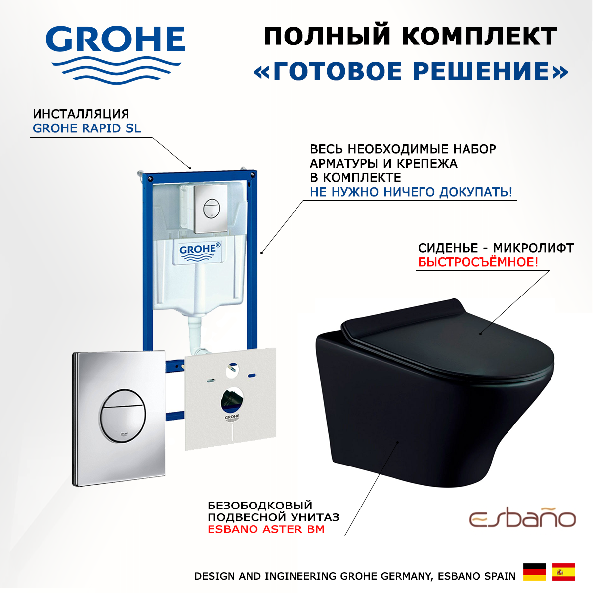 Комплект 3 в 1 инсталляция Grohe Rapid SL + Унитаз подвесной Esbano Aster ESUPASTEBM + кнопка хром Nova круглая