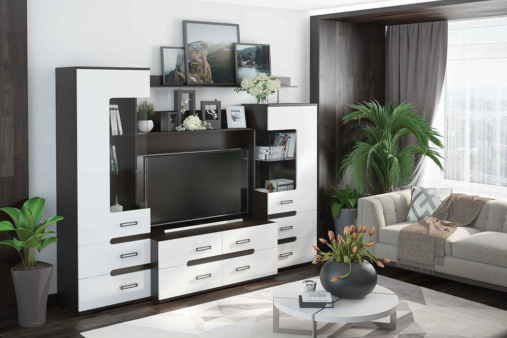 Гостиная Града с шкафом и полками, МДФ и ЛДСП цвет Венге-белый глянец