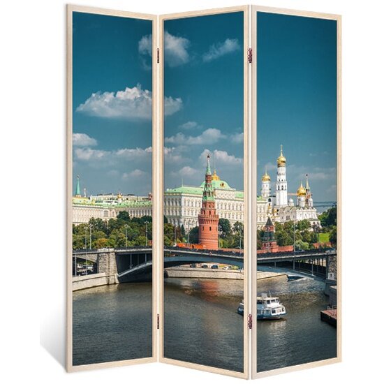 Ширма перегородка Декор Депо для комнаты деревянная "Река Москва" двухсторонняя с картинкой (города) 3 створки кремовый дуб 176х140 см 11 кг