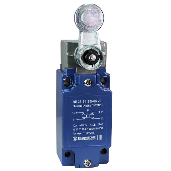 Путевой выключатель Электротехник ВП 36-2116М-66 У2, рычаг со стальным роликом, 1з+1р, безинерционный, 30х60 мм, без сальника, 3А, IP66, ET007265