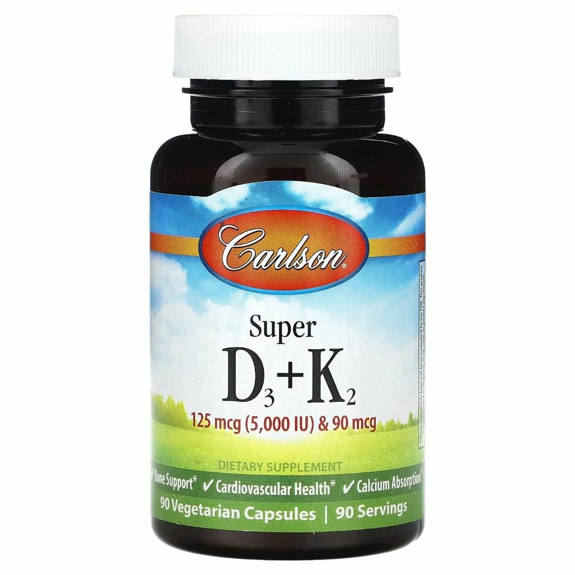 Carlson, Витамины D3 и K2, 5000 IU, 90 вегетарианских капсул