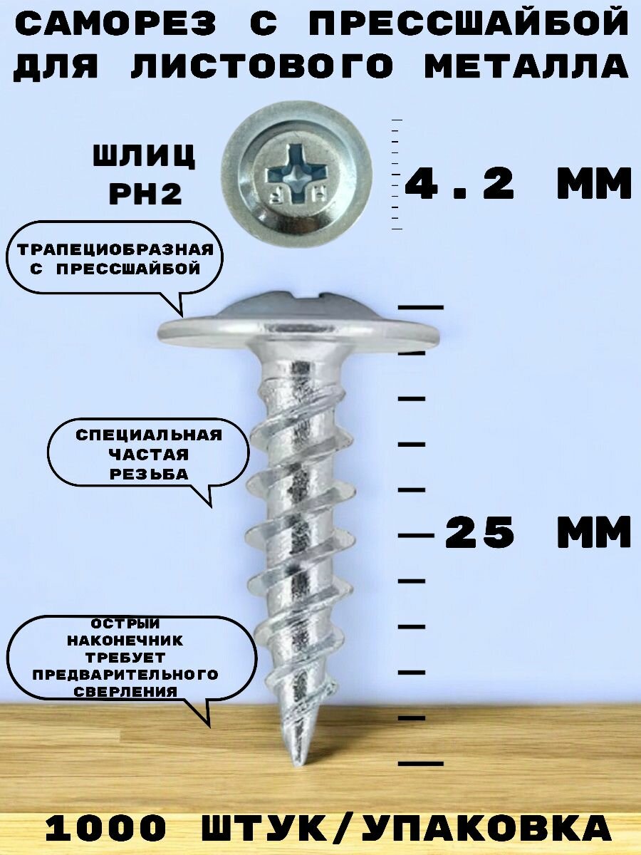 Саморез HIMTEXfix 4,2x25 мм с прессшайбой с острым концом для тонких листов металла, с усиленным сверлом, шлиц PH2, 1000 шт/упаковка