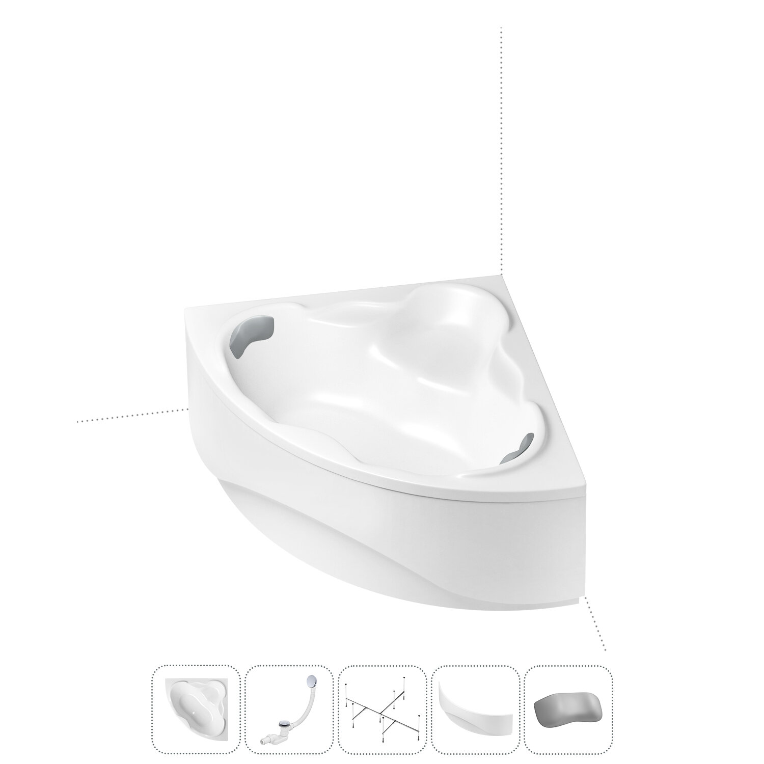 Угловая ванна акриловая 150 x 150 с каркасом и экраном Lavinia Boho Elegant 202011644 в наборе 5 в 1: акриловая ванна, слив-перелив, каркас, экран, подголовник 2 шт.