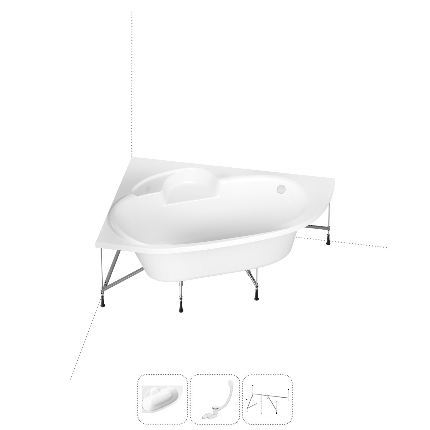 Угловая ванна акриловая 170 x 110 с каркасом Lavinia Boho Bell Pro 202010991 в наборе 3 в 1: асимметричная ванна (левый разворот), слив-перелив, каркас