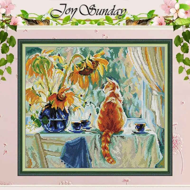 Набор для вышивки крестиком Joy Sunday Кот и Подсолнух 16CT