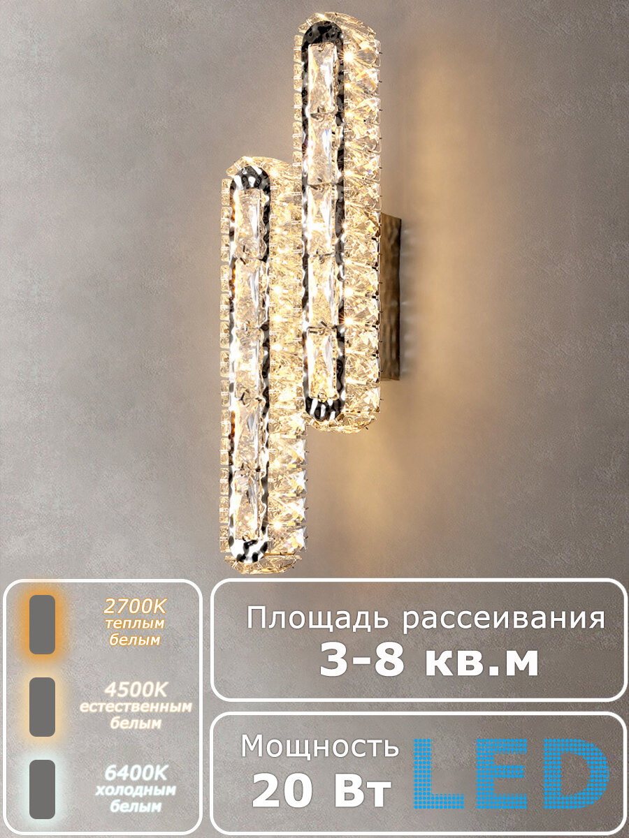 Бра, Настенный светильник хрустальная, диммируемая, светодиодный, 3-режима, 2 планка дизайн, современные, FR-9588