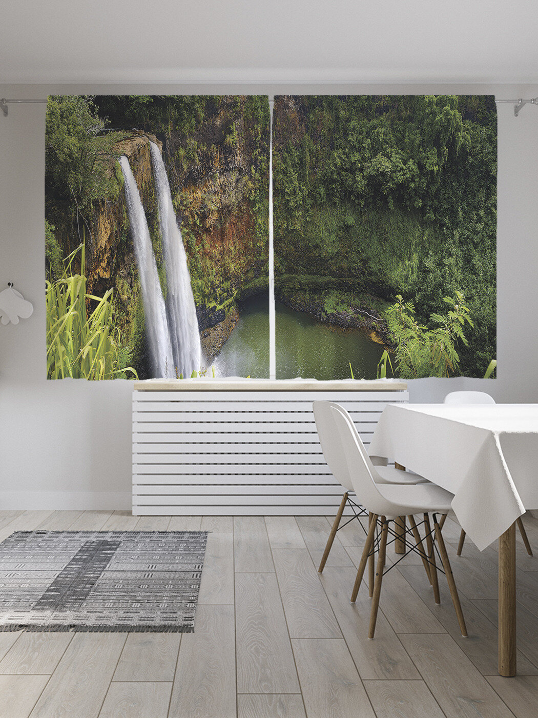 Фотошторы короткие "Лесной водопад", 2 полотна шириной по 145 см, высота 180 см, JoyArty
