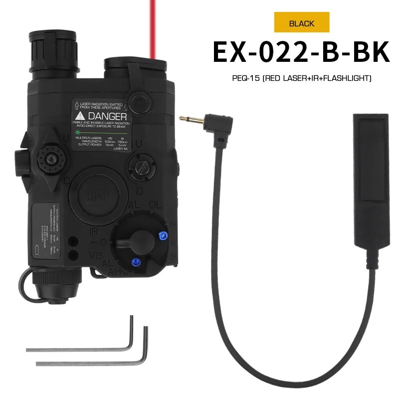 Аксессуар PEQ-15 для оружия с красным зелёным лазером и ИК подсветкой Черный, EX-022-B-BK