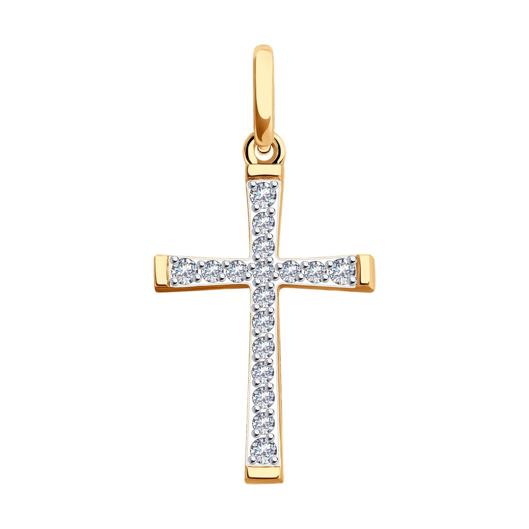 Крестик, красное золото, 585 проба, фианит