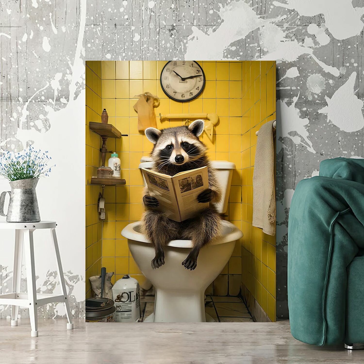 Картина в туалет, ванную комнату Енот читает газету, 20х30 см.