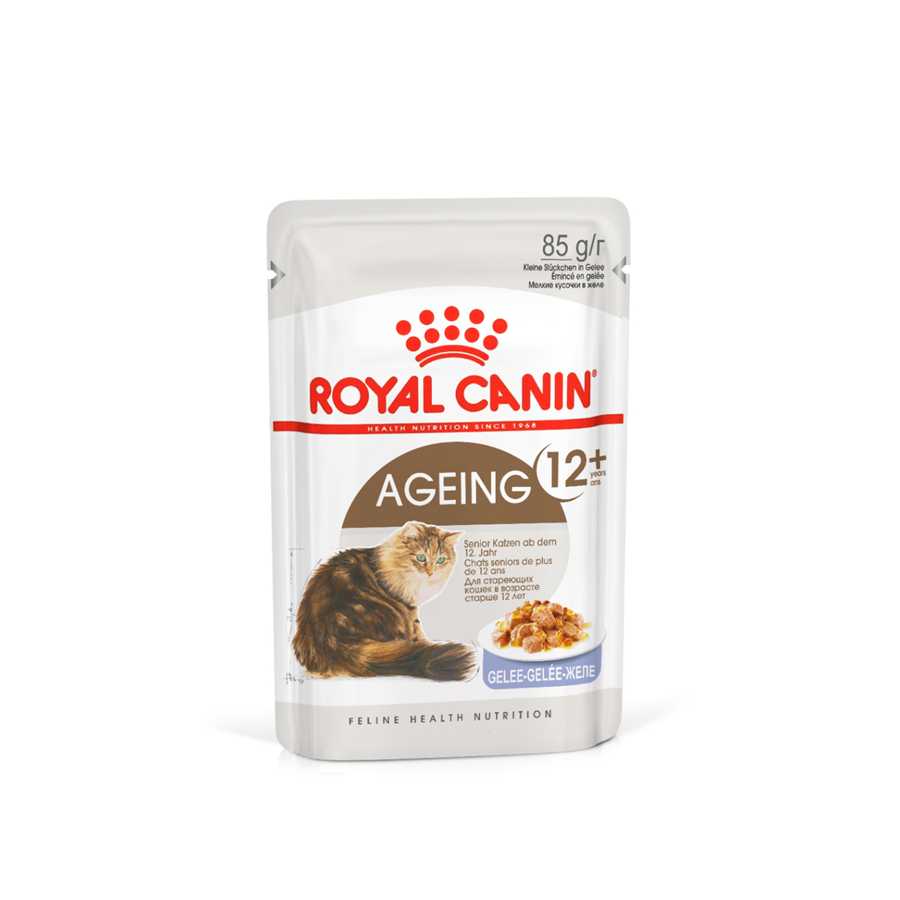 Royal Canin Корм AGEING 12+ консервированный полнорационный для стареющих кошек в возрасте старше 12 лет кусочки в желе, 0.085 кг