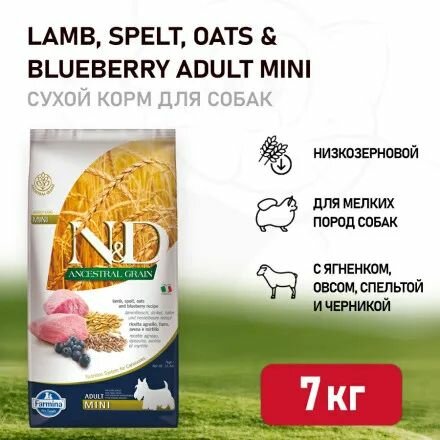Farmina N&D Ancestral Grain Dog Lamb Blueberry Adult Mini 7кг сухой низкозерновой корм для взрослых собак мелких пород с ягненком и черникой