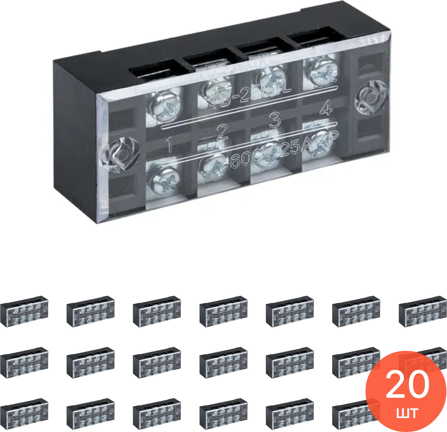 Блок зажимов EKF / ЕКФ PROxima TB-2504, в корпусе из пластика, черный, 2.5мм2, 25А, 4 пары контактов / электрика (комплект из 20 шт)
