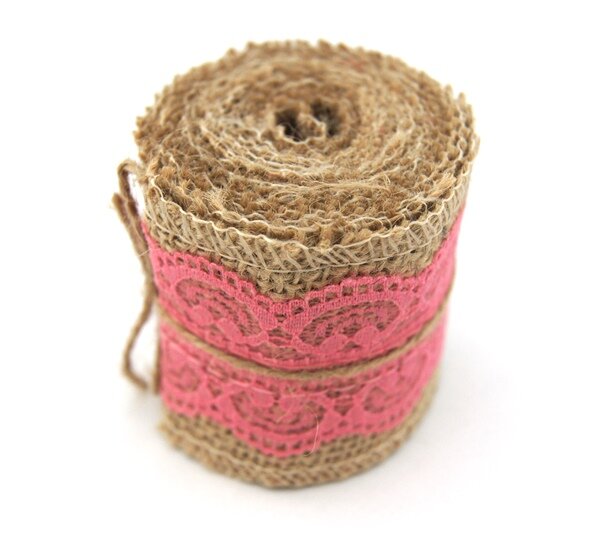 Лента Н-10 декор.(100%лен) + кружево розовое (100%п/э) , размер 6см*2м± 5см, уп. 2 шт