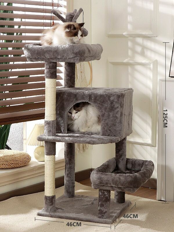 Когтеточка с домиком напольная высокая для кошки. Лежанки и столбик для кота. Кошачий дом для котят. Игровой комплекс лира с лежаками, гамаком, Серый. бежевый