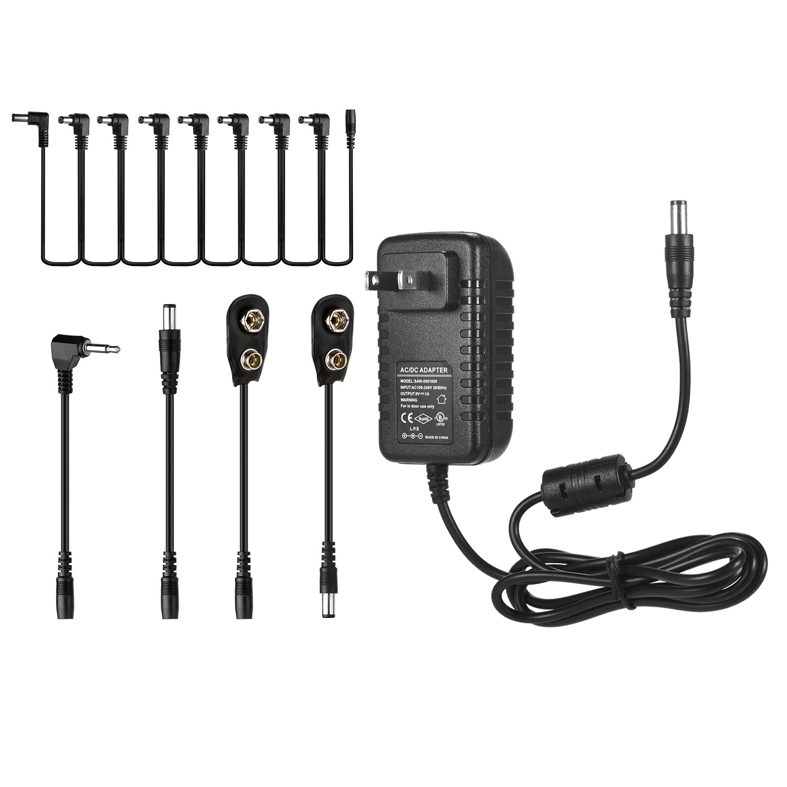 Блок питания для гитарных эффектов Caline CP-07B, DC 9V 1A, с 8-контактным кабелем для последовательного подключения, кабелями с обратной полярностью и зажимом для батареи.