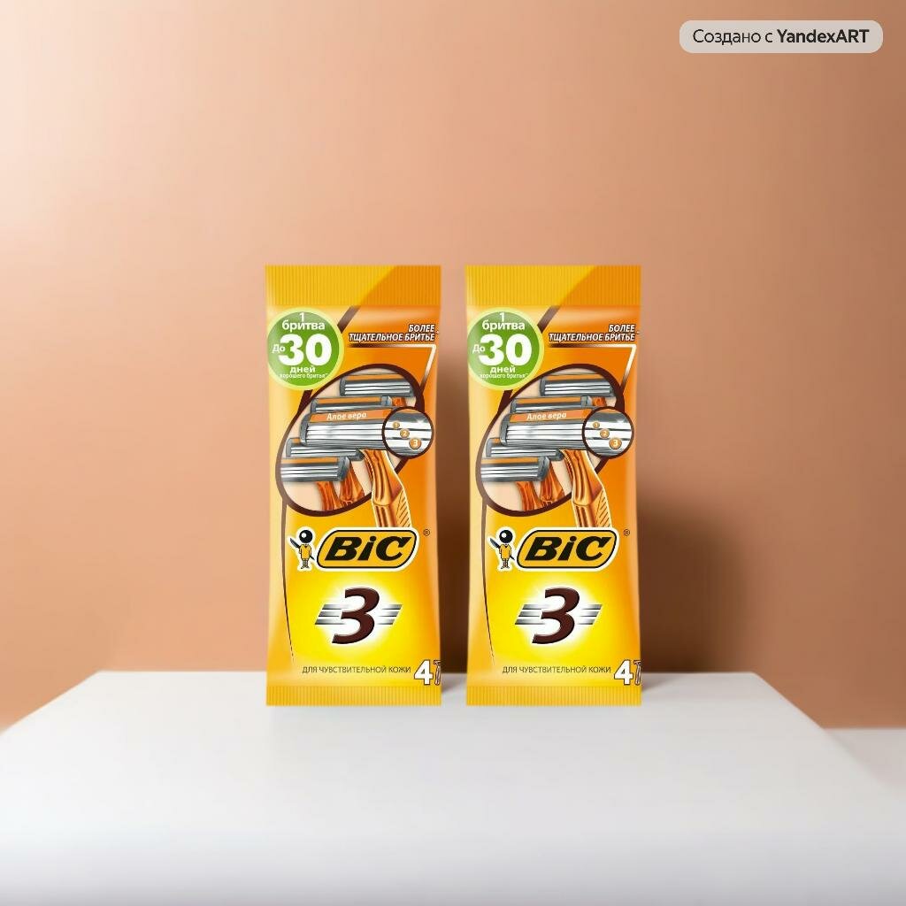 Станок для бритья мужской Bic-3 Sensitive, одноразовый, 4 шт, 2 упаковки