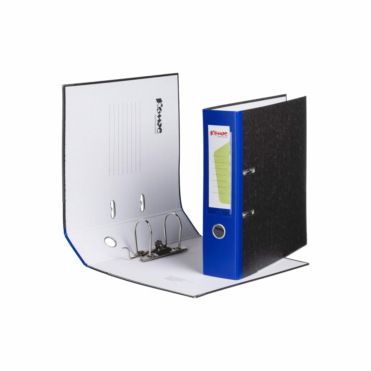 Папка-регистратор Комус (80мм, А4, картон "под мрамор") черная, синий корешок (1017489)