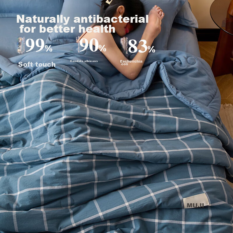 MUJI Class A Pure Cotton Summer Quilt, Air Conditioning Quilt, Thin Pure Cotton Blanket, Summer Cool Quilt, Fiber Quilt, Double Size 200*230cm, Blue Plaid