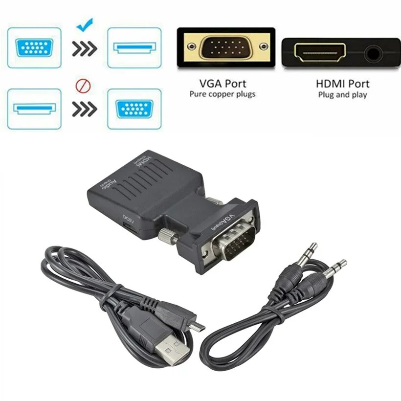Адаптер MnnWuu HD 1080P VGA в HDMI-совместимый преобразователь с аудио для ПК ноутбука для проектора HDTV VGA в HDMI-совместимый