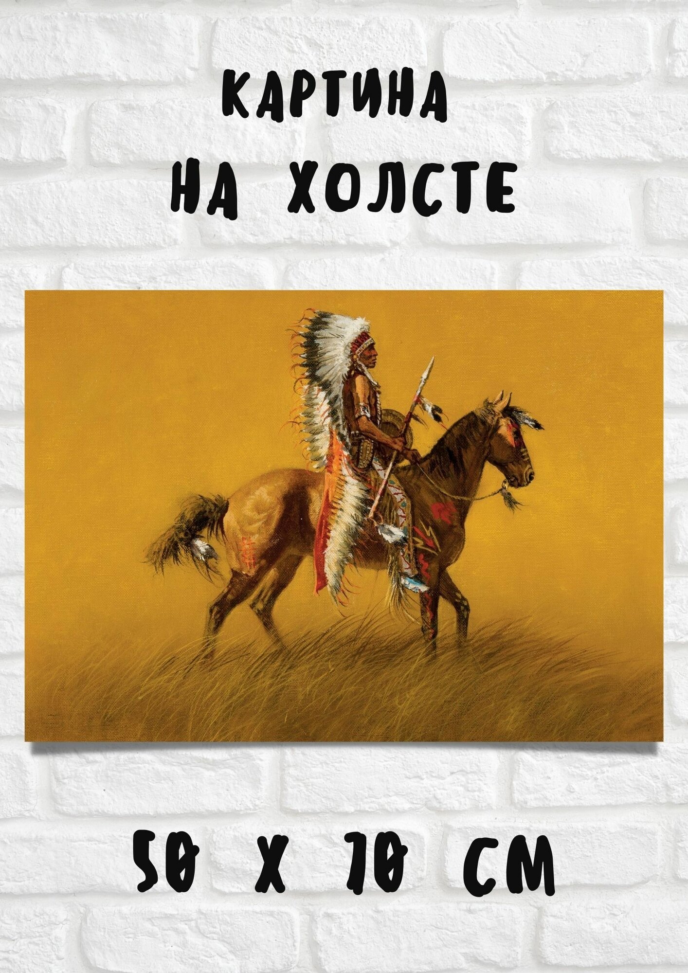 Картина индеец верхом на лошади смотрит вдаль Арт 70х50 холсте