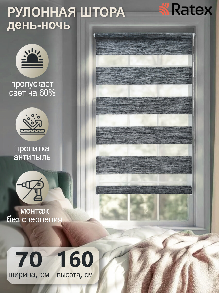 Рулонная штора с эффектом "день-ночь" Шарлотта 70х160 см, цвет серый