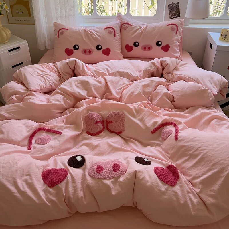 Комплект постельного белья Kawaii Pink Pig 3 шт, 150X200cm(4pcs), Розовый