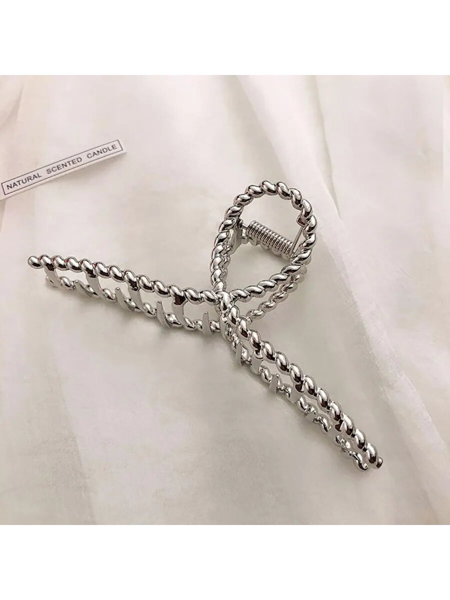 Заколка-краб для волос серебристая витая, глянцевое покрытие, 10,5см