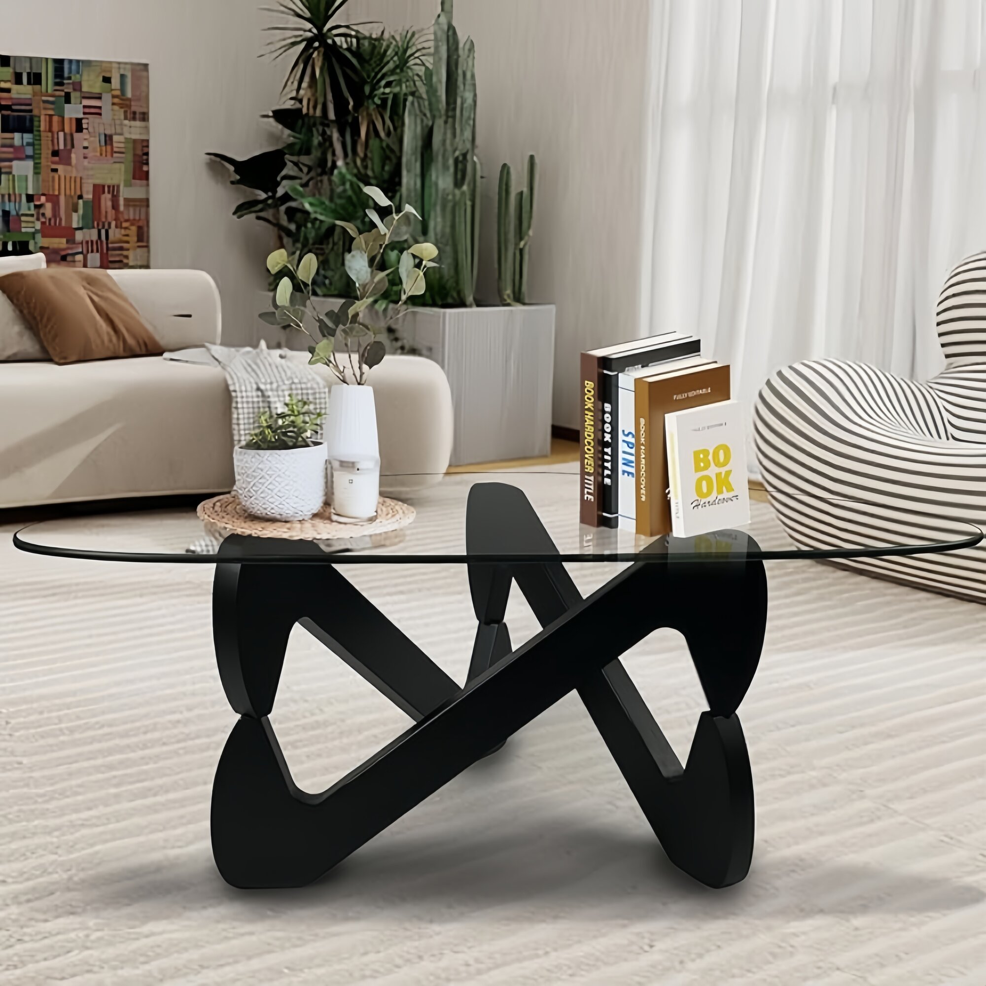 Треугольный стеклянный журнальный столик, низкий столик для гостиной с черным деревянным дном