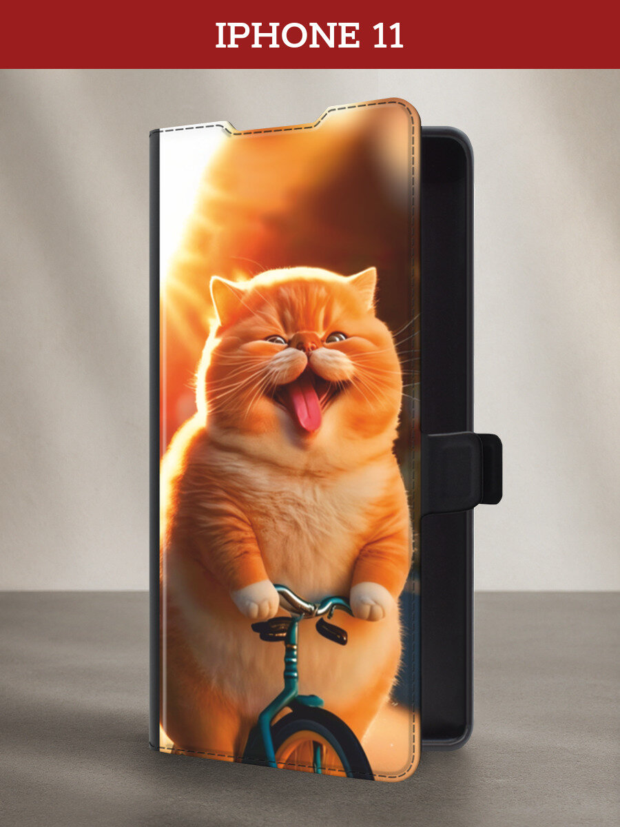 Чехол-книжка на Apple iPhone 11 / Айфон 11 с принтом Кот на велике, черный