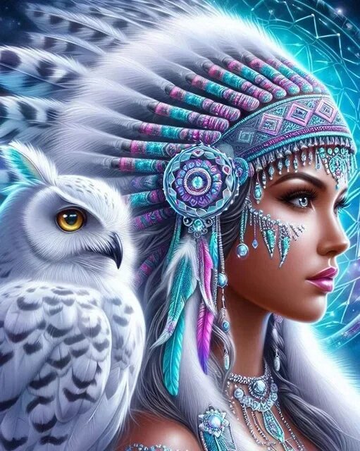 Алмазная живопись RealShining "Фэнтези, индийская женщина и белая сова" square 40x50cm, EMG5738