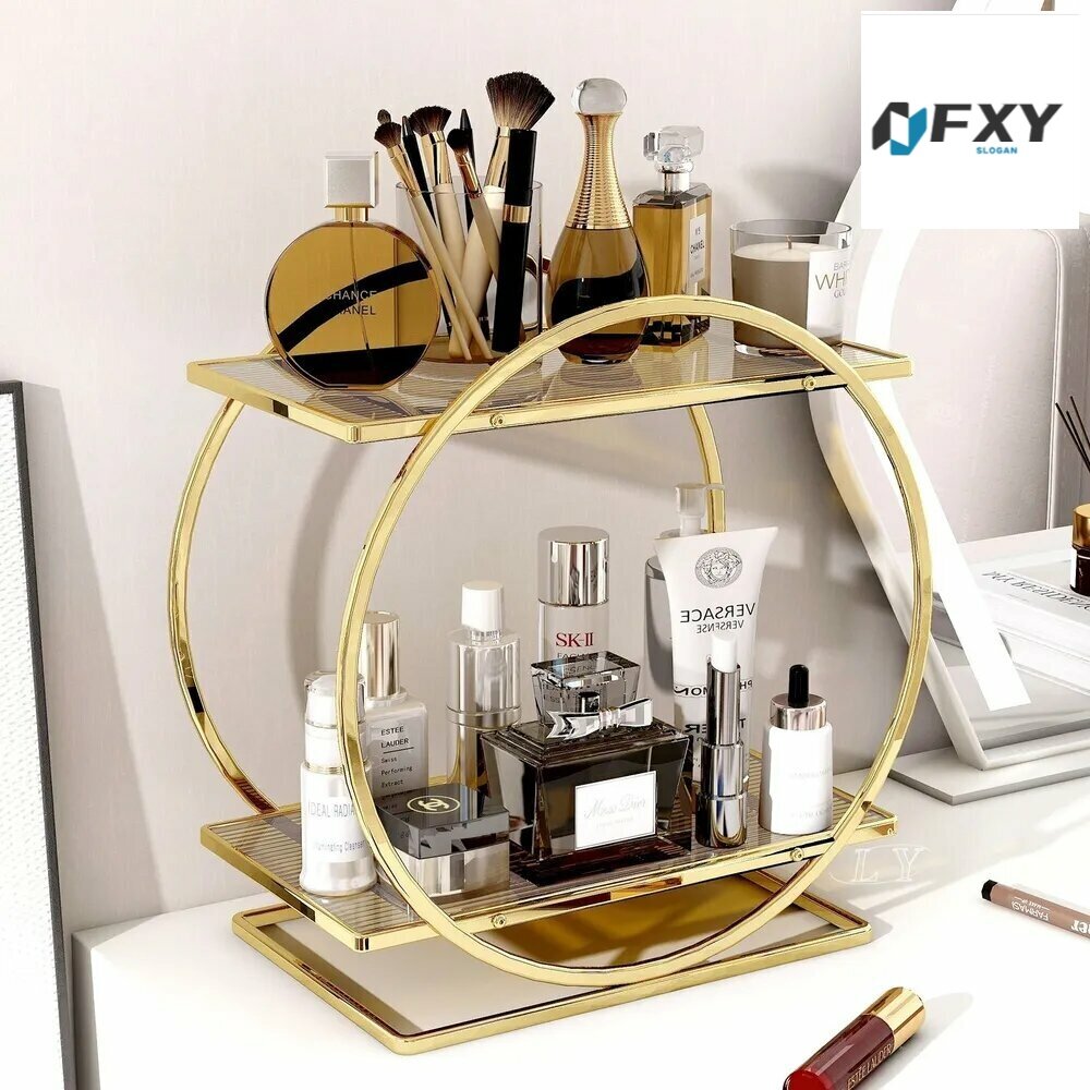 Эксклюзивная золотистая этажерка металлическая для ванной комнаты с двумя секциями 15,5x28,5x28,5 см