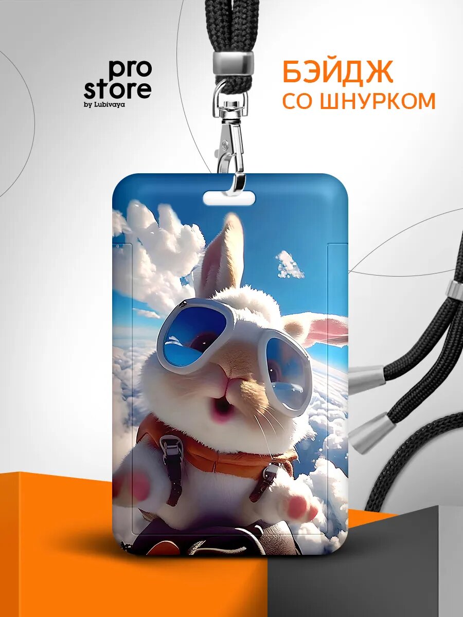 Бейдж для пропуска детский, со шнурком, с регулировкой, с рисунком, для школьника, пластик. Заяц, кролик