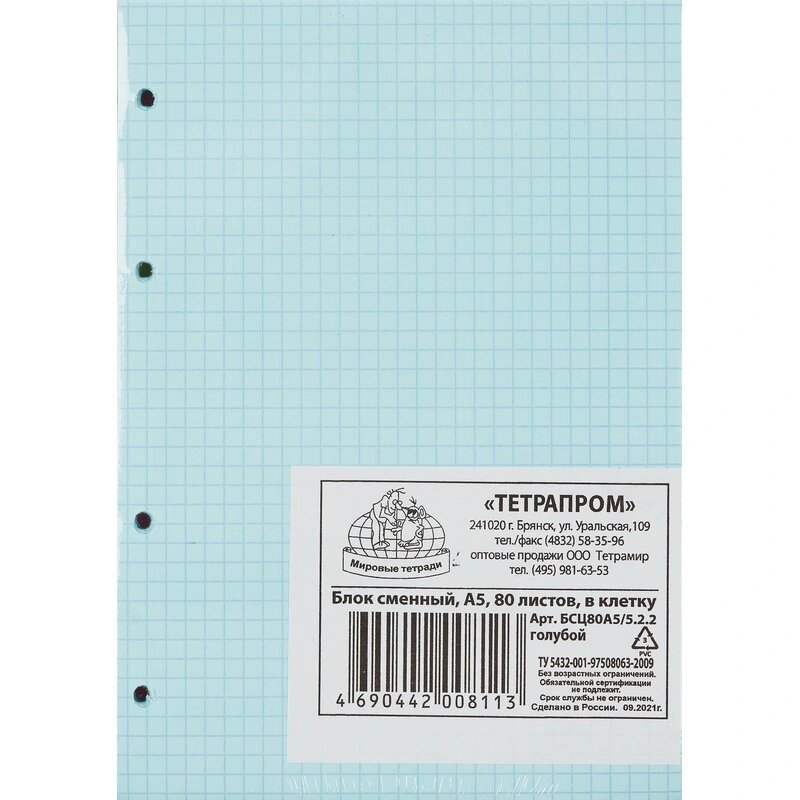 Сменный блок для тетрадей на кольцах тонир, голубой,80л, А5