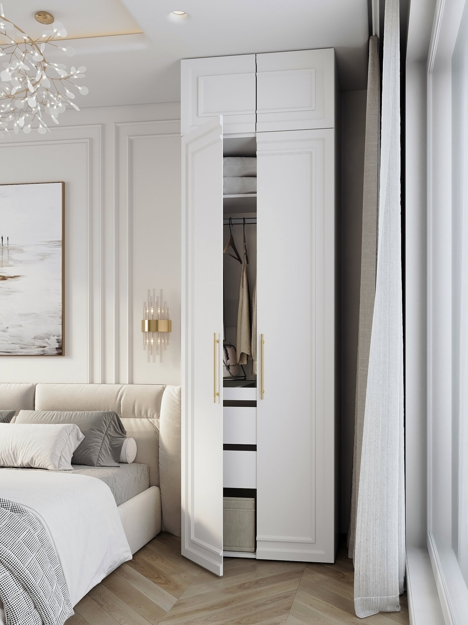 Шкаф шифоньер для одежды распашной Puzzlemebel Френсис, выдвижные ящики, штанга, антресоль, ширина 80, высота 260, белый