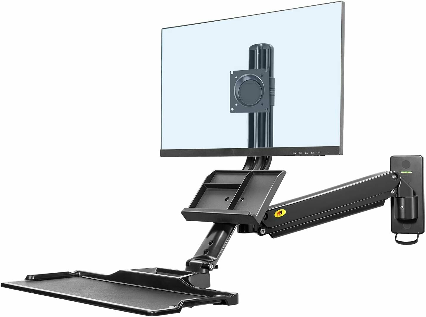 NB Ergonomic MB32 Настенная регулируемая рабочая станция "сидя-стоя" для мониторов 19-27 дюймов со складной клавиатурной панелью. Совместима с VESA 75x75 и 100x100 мм. Грузоподъемность: 2-9 кг.