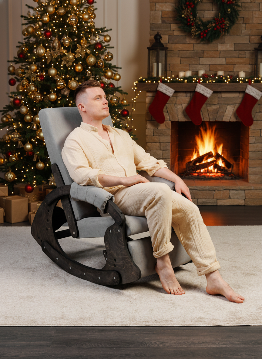 Кресло-качалка с подножкой для дома и дачи "Бриз" от "Мягкой посадки", обивка серый велюр